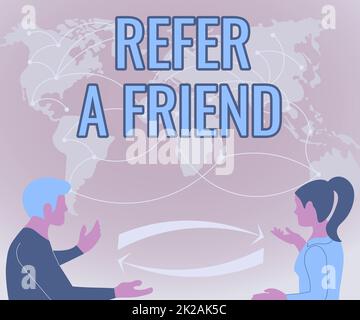 Hand writing sign Refer A Friend. Business overview Recommendation ...