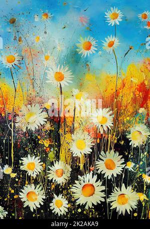 Camomile field in an abstract painting. Digital illustration Stock ...