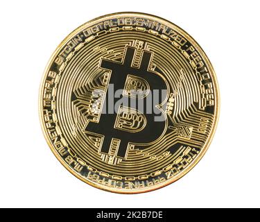 Bitcoin golden coins on a dollar banknotes. Office background. Cup of ...