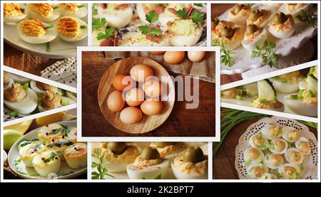 Collage of tasty fried eggs with bacon, vegetables and bread on color ...