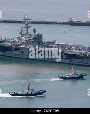 Busan, South Korea. 23rd Sep, 2022. A U.S. Navy sailor walks on the USS ...