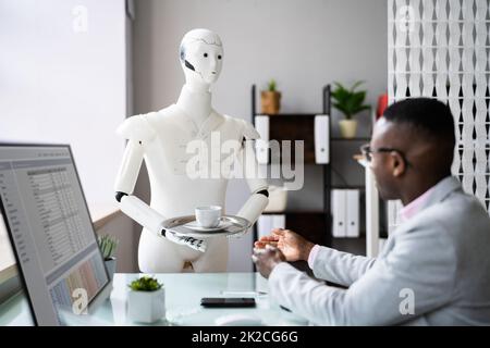 Humanoid Cyborg AI Robot Assistant Bringing Coffee To Boss Stock Photo ...