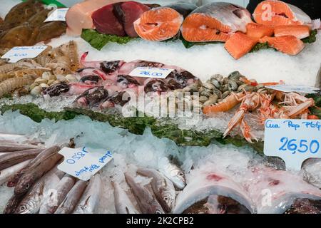 Fresh fish for sale seen at a market in Barcelona, Spain Stock Photo ...
