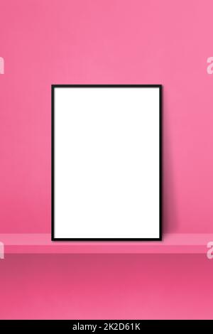 Black picture frame leaning on a pink shelf. 3d illustration. Vertical ...