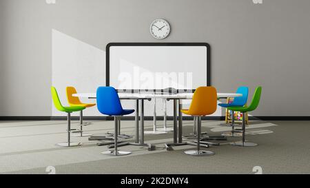 Preschool classroom idea with round table and colorful seat, carpet ...