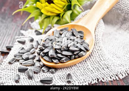 Sunflower seeds and wooden spoon in frying pan Stock Photo - Alamy