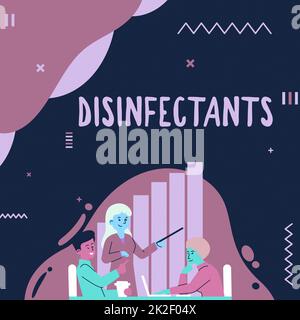 Text sign showing Disinfectants. Word Written on chemical that destroy ...