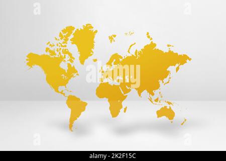 Yellow world map isolated on white wall background. 3D illustration ...