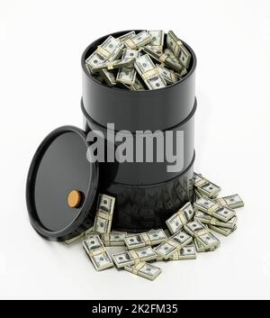 Oil barrel full of 100 Dollar bills. 3D illustration Stock Photo - Alamy