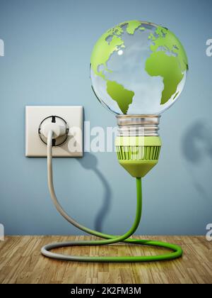 Earth Globe with power plug into electrical socket. Green energy ...