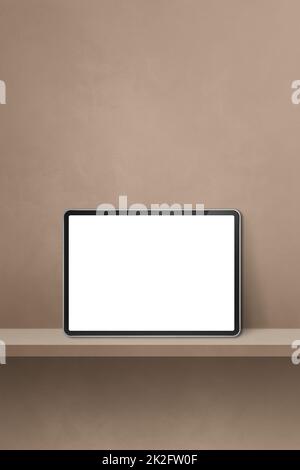 Digital tablet pc on brown wall shelf. Vertical background banner. 3D ...