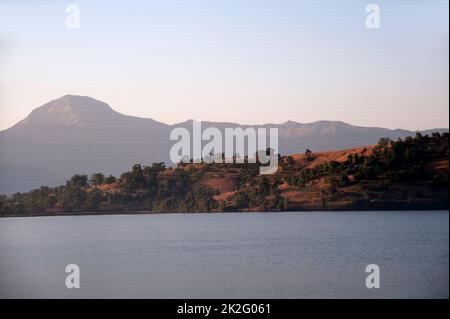 Arthur lake and Sahayadri hills at Bhandardara taluka Akole district ...