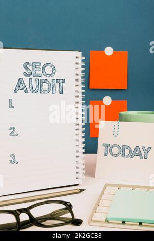 Writing displaying text Seo Audit. Internet Concept Search Engine Optimization validating and ...