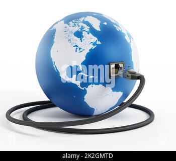 Network cable connected to the blue globe Stock Photo - Alamy