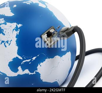Network cable connected to the blue globe Stock Photo - Alamy
