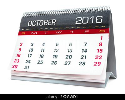 2016 October page of a desktop calendar is on isolated white background ...