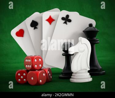 Playing cards set, dice and chess pieces Stock Photo - Alamy