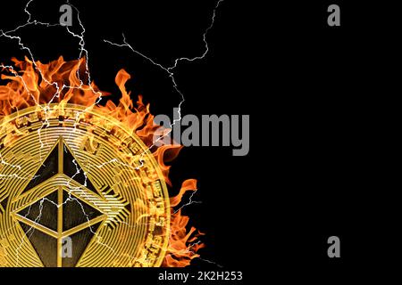 golden burning single ether from ethereum crypto currency with many ...