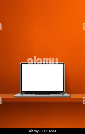 Laptop computer on orange shelf. Vertical background Stock Photo - Alamy
