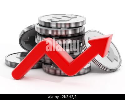 Coin stack with rising arrow Stock Photo - Alamy