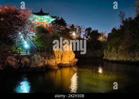 Yongyeon Pond with Yongyeon Pavilion illuminated at night, Jeju islands, South Korea Stock Photo ...
