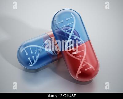 DNA inside a medical capsules. Genetic Medicine concept. 3d render ...