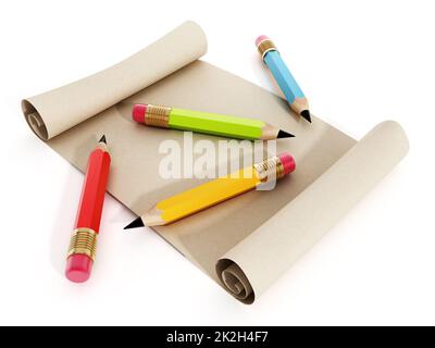 Multi colored pencils standing on rolled paper Stock Photo - Alamy