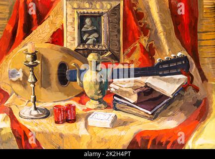 still life with a mandolin, old books, a painting, a candlestick and a ...