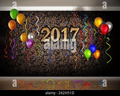 2017 celebration with balloons and confetti. 3D illustration Stock ...