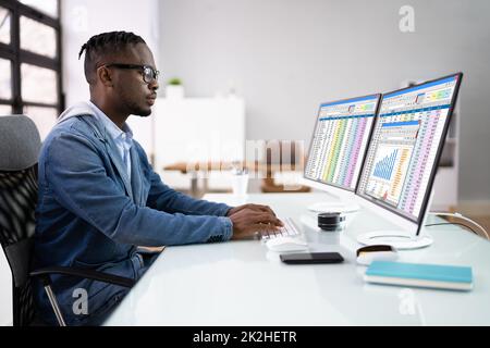 Financial Analyst Using Spreadsheet Software On Desktop Computer Stock ...