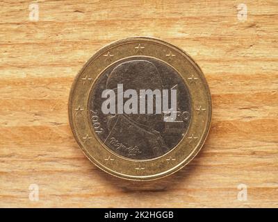 One Euro coin, Austria side showing musician Wolfgang Amadeus Mozart ...