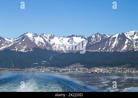 Ushuaia cityscape from Beagle channel, Argentina landscape. Tierra del ...