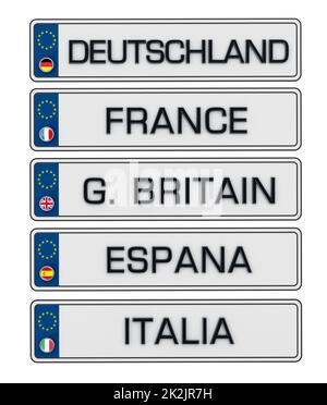 European Union license plates isolated on white background. 3D ...