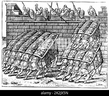 Roman soldiers attacking the walls of a fortress with scaling ladders ...