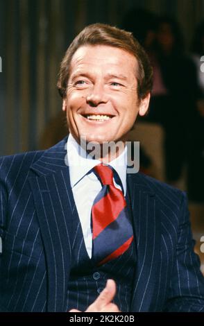 British actor Roger Moore as a guest on the literary television ...