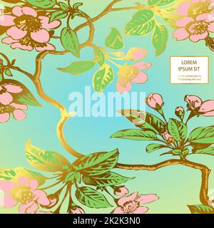 Hand drawn sakura flowers and leaves on branches. Botanical wedding ...