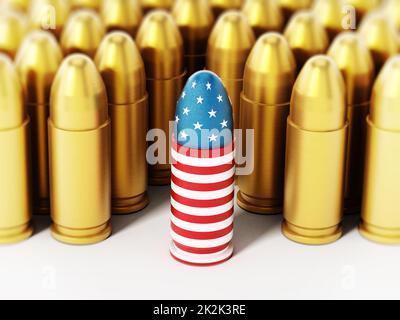 American flag textured bullet among yellow bullets. 3D illustration ...