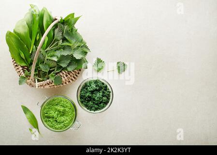Spring nettle soup and wild, onion, lemon and bread Stock Photo - Alamy