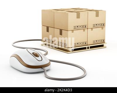 Cable mouse connected to cargo boxes. 3D illustration Stock Photo - Alamy