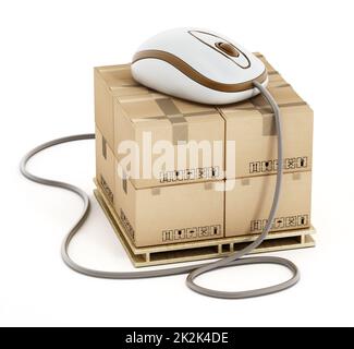 Cable mouse connected to cargo boxes. 3D illustration Stock Photo - Alamy