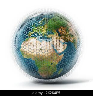 Earth covered with hexagonal tiles. 3D illustration Stock Photo - Alamy