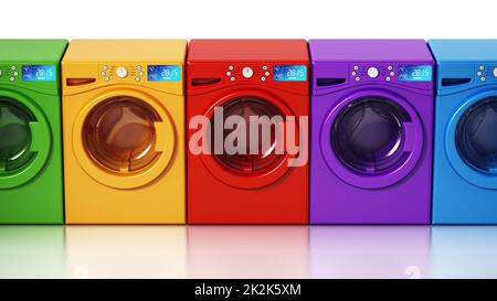 Multi colored washing machines isolated on white background. 3D ...