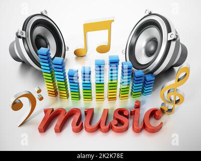 Music word, speakers, music notes and equalizer. 3D illustration Stock ...