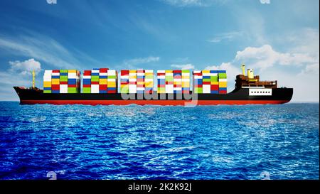 Cargo ship loaded with multi colored containers. 3D illustration Stock ...
