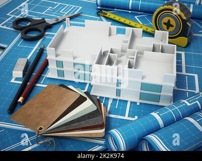 Home decorating tools standing on house bluprints. 3D illustration ...