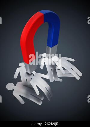 Horseshoe magnet pulling metal figures. 3D illustration Stock Photo - Alamy