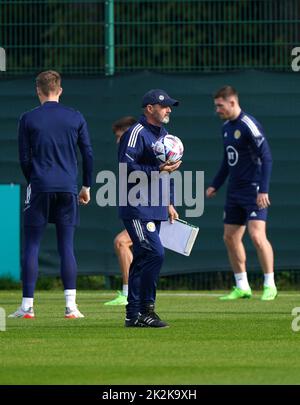 Scotland manager Steve Clarke (centre rear) waits with his players on ...