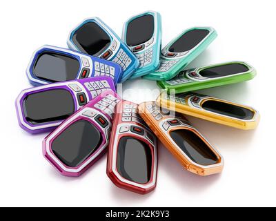 Old style multi colored mobile phones with keypad. 3D illustration ...