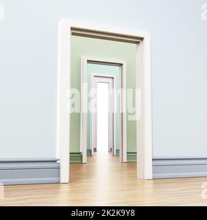 Hallway with many doors opening to each other. 3D illustration Stock ...