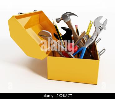 Open yellow tool box with tools isolated on white background Stock ...